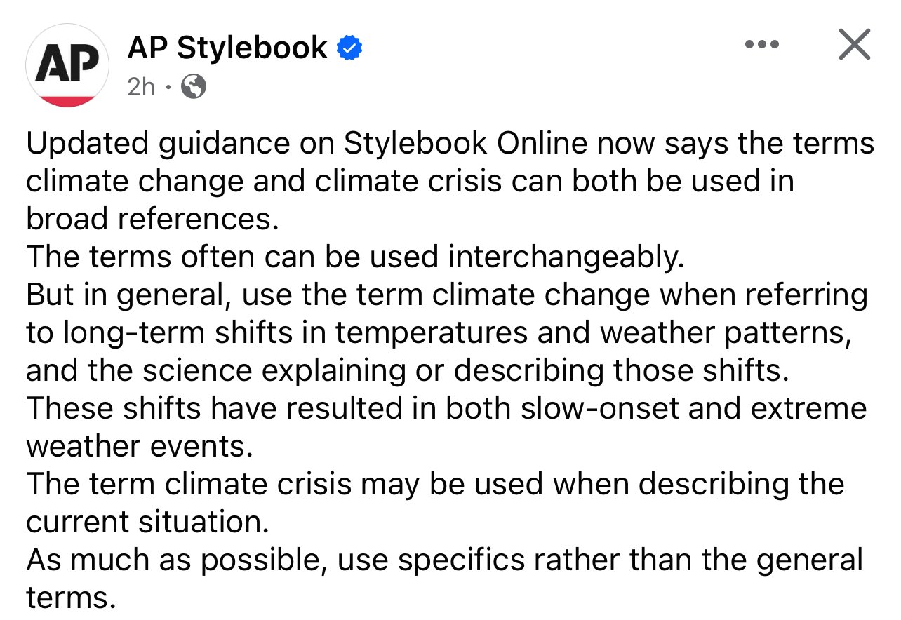 ‘AVOID FALSE BALANCE’: AP Style Guide claims ‘climate crisis’ is ...