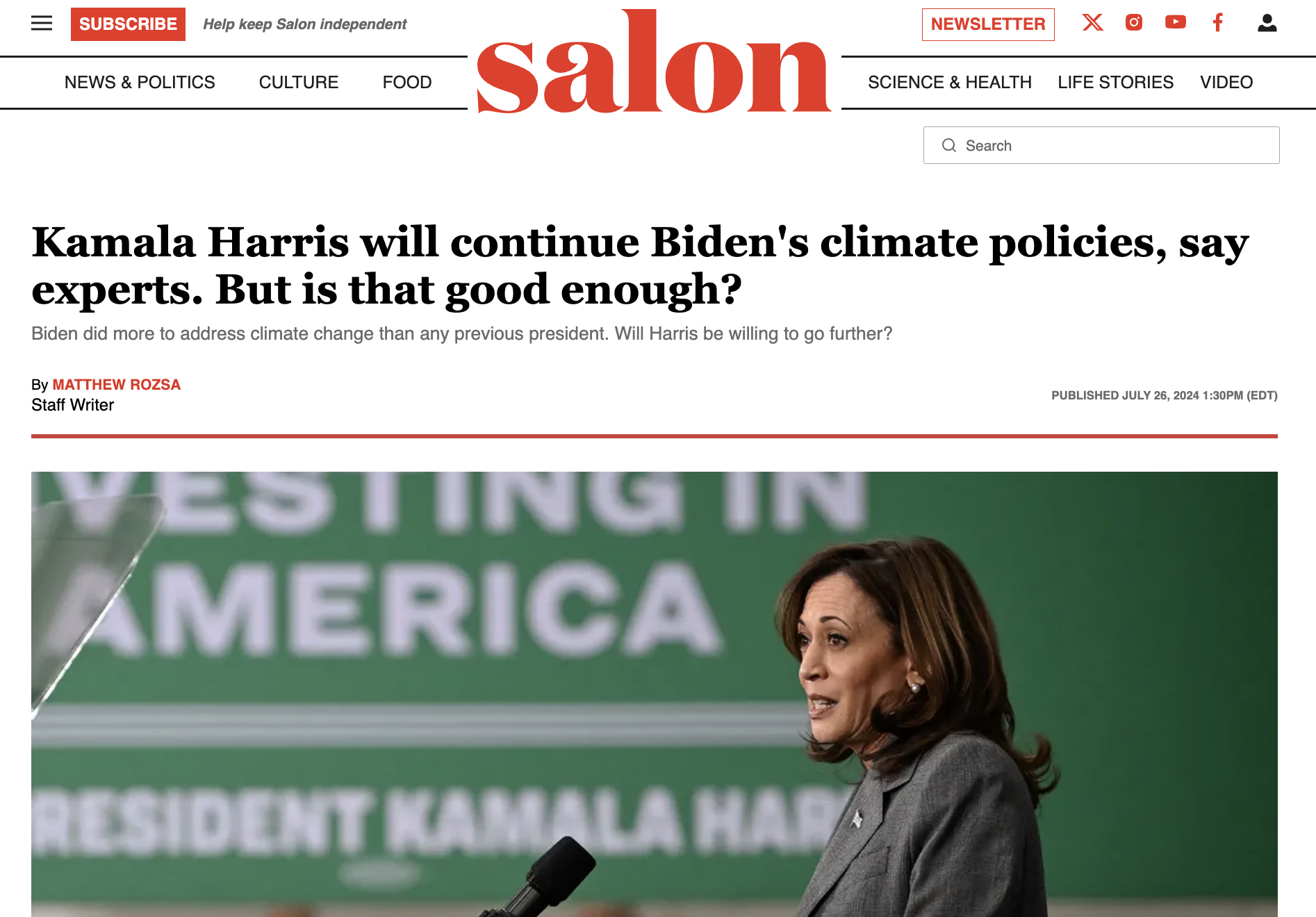 Salon Mag: Kamala Harris will continue Biden’s climate policies, say ...