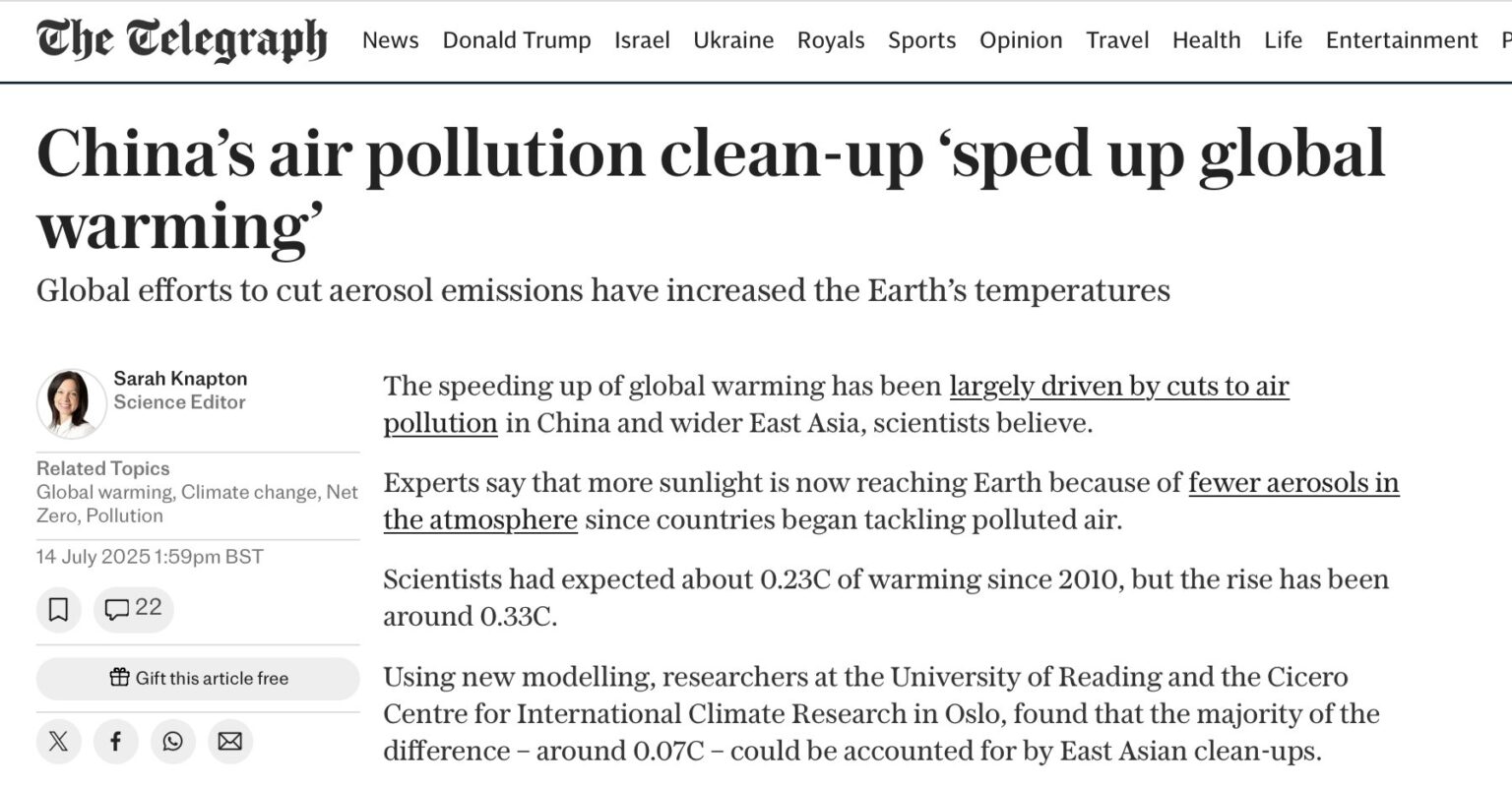 UK Telegraph: China’s air pollution clean-up ‘sped up global warming ...