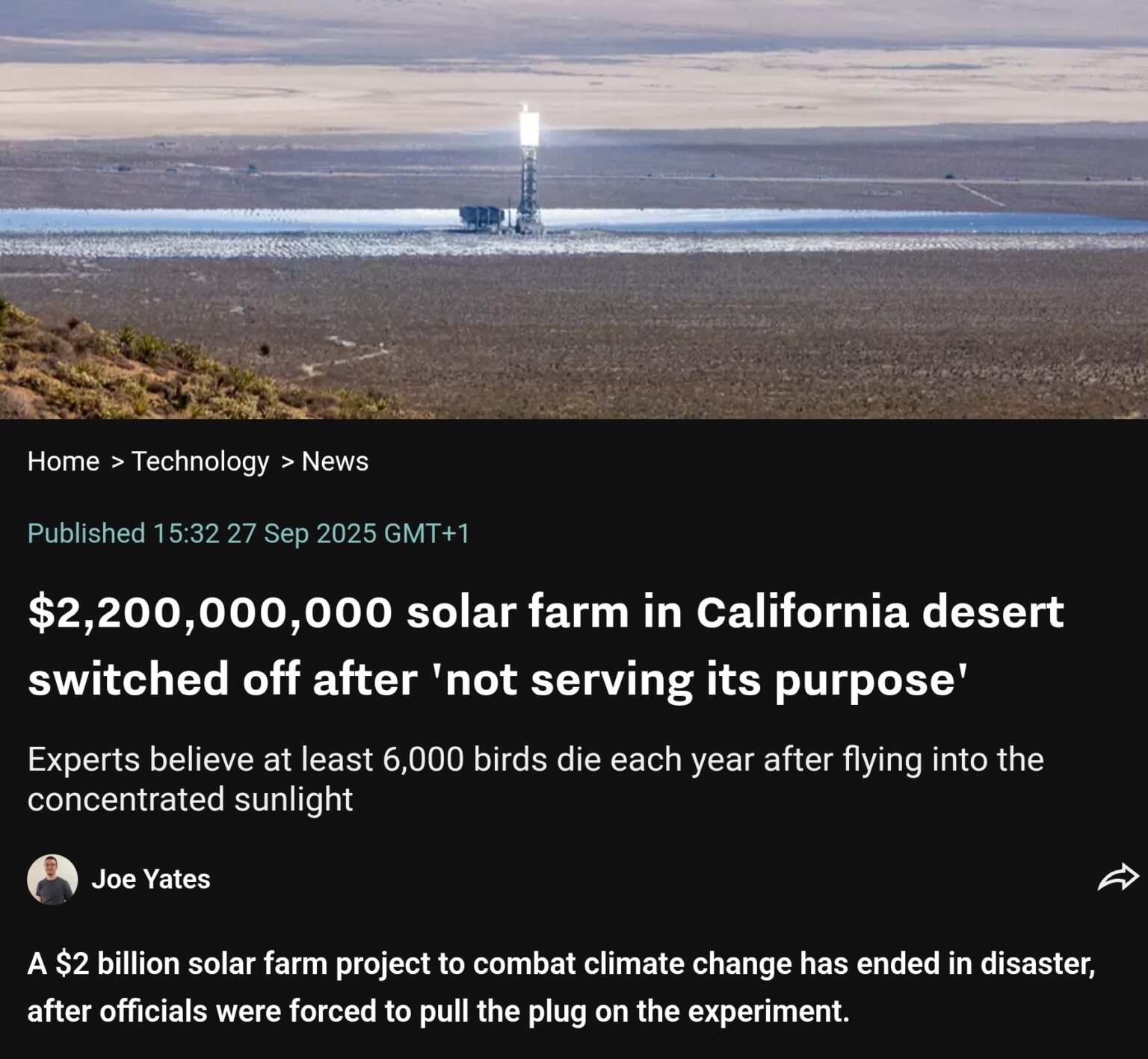 $2.2 Billion solar farm in California desert switched off after ‘not ...